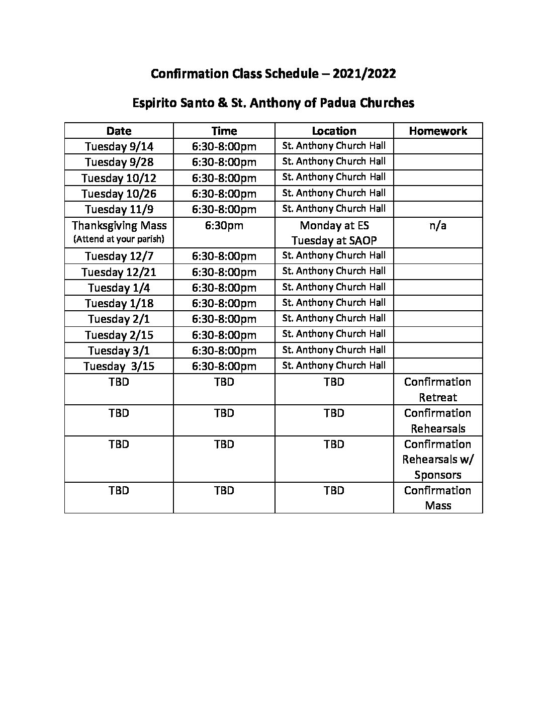 ES/SAOP Grade 9 Confirmation Schedule - Espirito Santo
