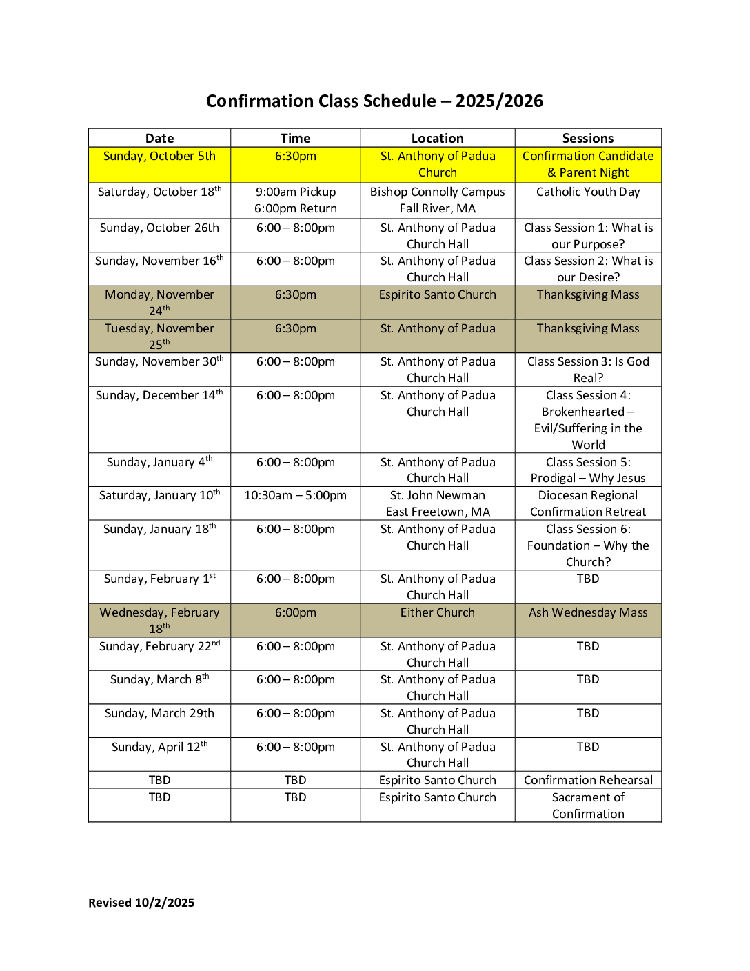 Confirmation Schedule - Grade 9 - Espirito Santo School