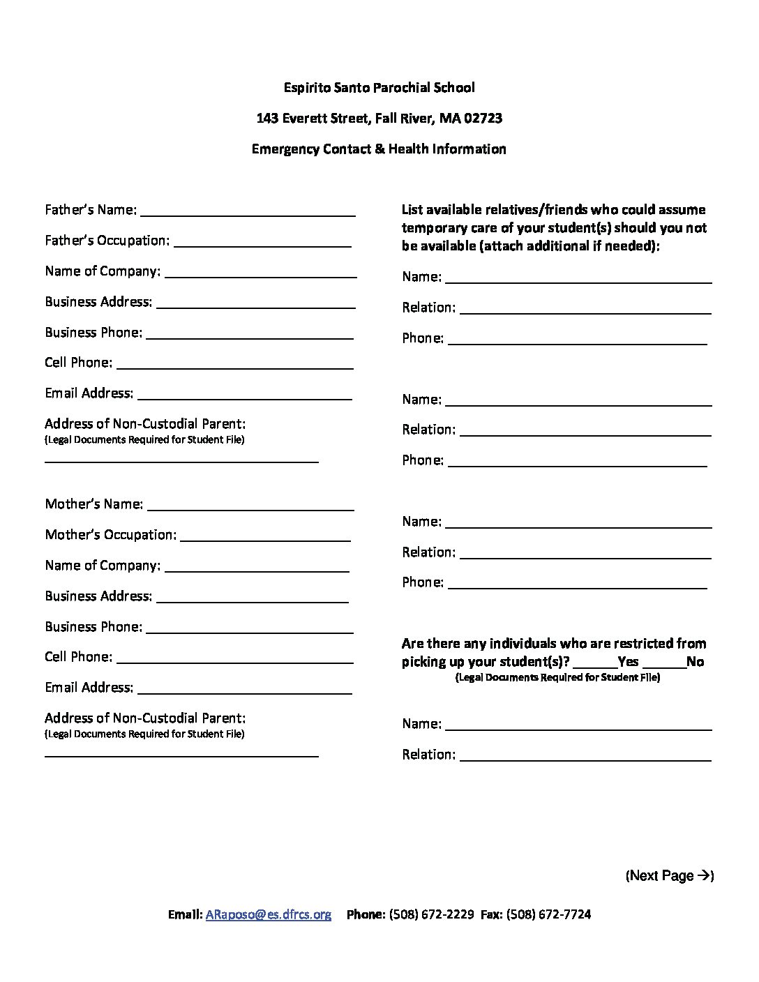Emgerency Family Contact Form - Espirito Santo