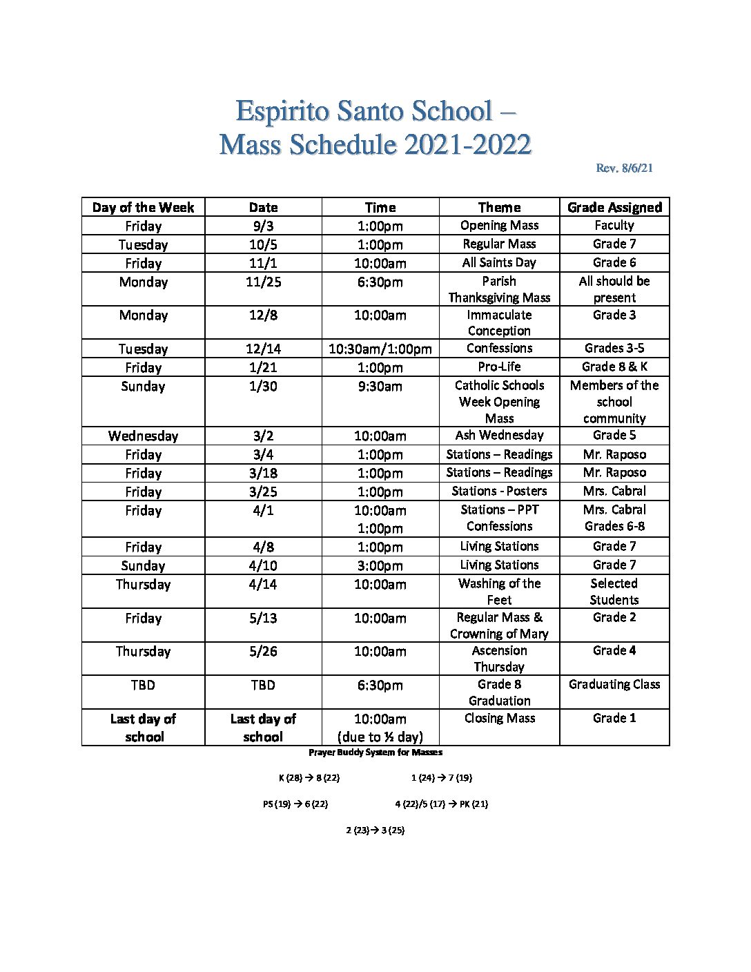 School Mass Schedule 2021-2022 - Espirito Santo