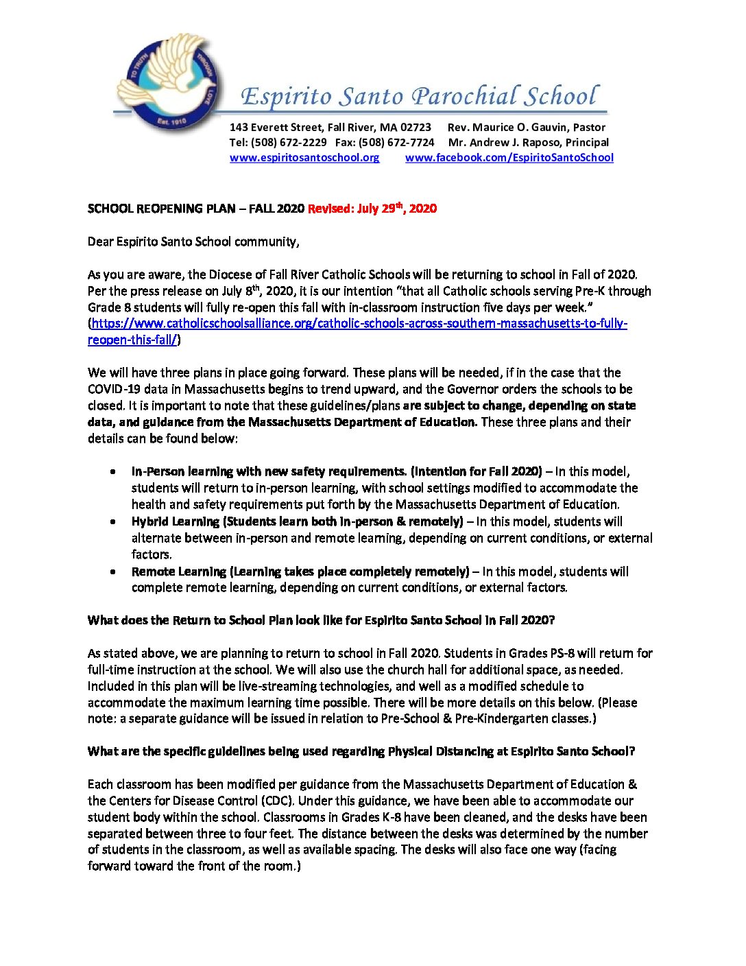 School Return Plan - Fall 2020 - Espirito Santo