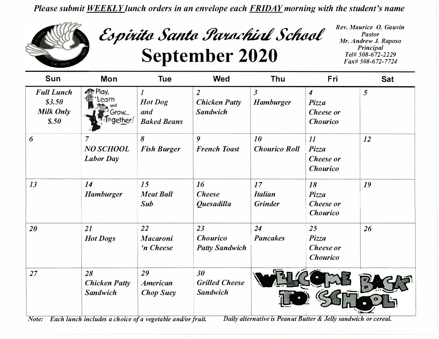 September 2020 Lunch Menu - Espirito Santo